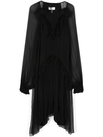 Nissa robe mi-longue en soie &agrave; volants - Noir