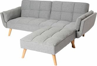 Hhg neuwertig] Schlafsofa 546 mit Ottomane, Couch Sofa G&auml;stebett, Schlaffunktion 218x175cm Stoff/Textil hellgrau