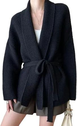 Generic Cardigan en tricot pour femme avec ceinture - Cardigan ample surdimensionn&eacute; - Kaki uni - Chaud - &Agrave; lacets - Manteaux tendance, Noir/blanc, taille uniq