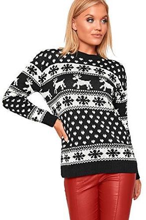 WearAll Femmes Renne Flocon De Neige Longue Manche De Fête Chandail Dames Noël Cavalier - Noir - 36-38