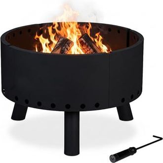 Relaxdays Feuerschale, Hitzeschild, Sch&uuml;rhaken, hoher Rand f&uuml;r Flammenschutz, Feuerkorb, HxD: 40,5 x 58,5 cm, schwarz