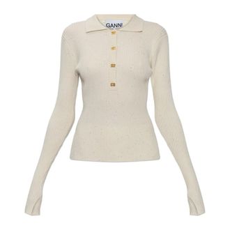 Ganni Femme, Pulls, Beige, Taille: 36 FR Polo Tricot Fin &agrave; Sequins