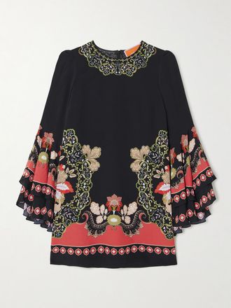 La DoubleJ Friday Minikleid Aus Bedrucktem Cr&ecirc;pe Mit R&uuml;schen - Schwarz