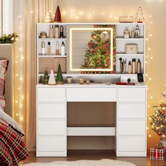 Vasagle Kailyn Collection - Coiffeuse avec Miroir LED, Multiprise, 9 Tiroirs, Loupe 10x, Rangement Bijoux, &Eacute;clairage 3 Couleurs, Installation des Rails sans O