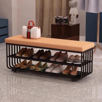 Generic Schuhbank Aus Metall Mit Gepolsterter Sitzfläche - Moderne 2-stufige Eingangsbank Mit Schuhaufbewahrung for Die Haustür Im Flur(Black Orange,100cm/39.