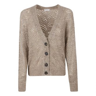Brunello Cucinelli Gl&auml;nzender Strickcardigan mit abstraktem Blattmuster - - Knitwear - Damen - Braun - M