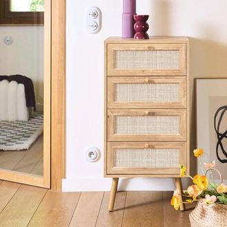 Sweeek Commode chiffonnier 4 tiroirs d&eacute;cor Bois et cannage