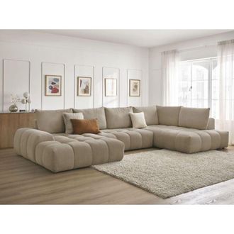 BOBOCHIC Bobochic - Canap&eacute; panoramique convertible coffre 6 places - Tissu textur&eacute; taupe - Longueur 423 cm - Design moderne et fonctionnel