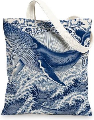 Generic Sacs fourre-tout en toile motif baleine, sacs de courses réutilisables, légers et lavables, sacs à bandoulière nautiques pour G, bleu, 13x15 Inch