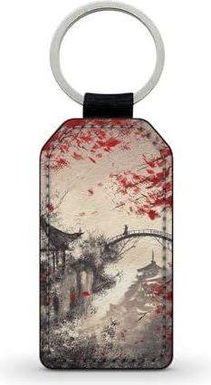 Generic Porte-clé noir en simili cuir Art Japonais Vague Manga Design Koi Poissons Carpe Retro Japan Wave Samourai Paysage Chine Ref 9