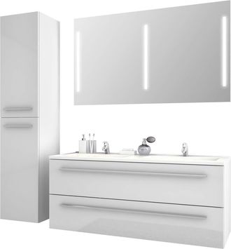 Jokey Sieper I Badmöbel Set Libato, Doppelwaschtisch mit Unterschrank 120 x 50 cm, Hochschrank und Badspiegel I Weiß