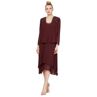 S.L. Fashions Womens Embellished Chiffon Tiered Jacket Dress, Fig Petite, 12P