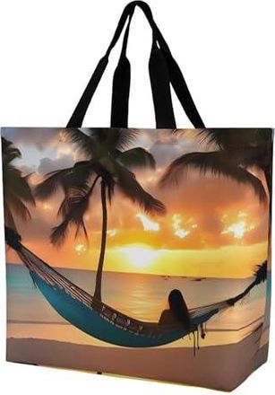 Generic Hamac Au Coucher Du Soleil Sur Coconut Beach Sac Fourre-Tout Grand Tote Bag Pliable Sac Courses Pour Gym Quotidienne Voyage