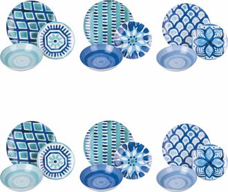 Villa D'Este Home Tivoli 18-teiliges Tafelservice aus Porzellan, 3 verschiedene Teller, Aquazul