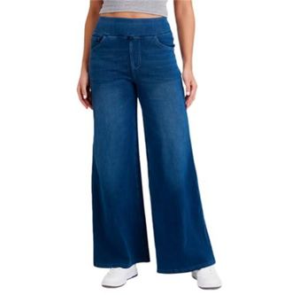 Generic Jean d&eacute;contract&eacute; &agrave; jambe large pour femme - Taille haute - &Eacute;lastique - &Eacute;vas&eacute; - Extensible - &Agrave; enfiler - Pantalon long et droit avec poche, noir fonc&eacute;,