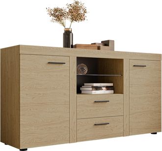 Mirjan24 Kommode Rango mit Glasboden, Highboard Sideboard, Anrichte, Naturt&ouml;ne, Mehrzweckschrank, Wohnzimmerschrank, Anrichte, Schrank (Ge&ouml;lte Eiche, mit Beleu