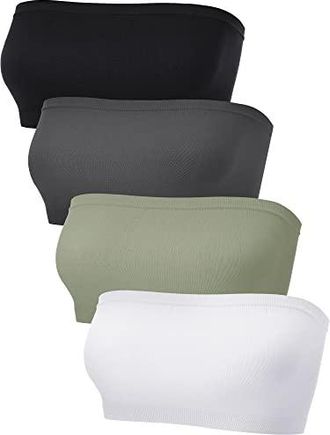 Blulu Lot de 4 Soutiens-Gorge Bandeau sans Bretelles sans Couture Non rembourrés Extensibles pour Femme, Noir, Blanc, Vert Olive, Anthracite, S