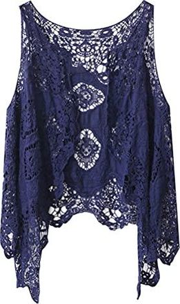 ORANDESIGNE Femmes Gilet Cardigan été Hippie Gilet Crochet Creux Dentelle Irrégulière Boho sans Manches Cardigan Court Gilet Irrégulier Ajouré Cardigan Beachwear 