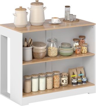 HOMCOM Bartisch, 3-stufiger K&uuml;chen-Stehtisch mit 2 offenen F&auml;chern, Tischplatte in Naturholzoptik, f&uuml;r Esszimmer und K&uuml;che, 113 x 60 x 90 cm, wei&szlig;