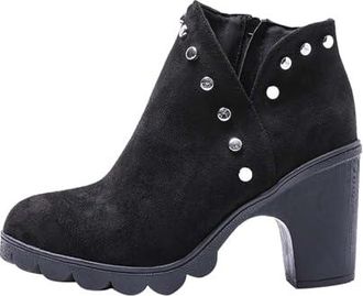 Generic Bottes tendance à talon épais pour femme - Respirantes - Tête ronde - Talon épais - Chaussures pour femme - Bottes courtes compensées, Noir, 39 EU