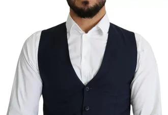 Dolce & Gabbana Navy Blue Men Formal Dress Waistcoat Vest Cotton