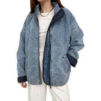 Generic Veste en jean surdimensionn&eacute;e &agrave; manches longues pour femme, coupe ample, fermeture &eacute;clair, manteau matelass&eacute; avec poches, haut tendance, bleu clair, X