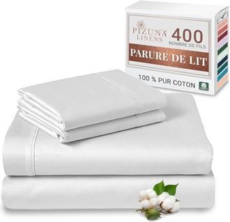 Pizuna 100% Coton Pur Ensemble Drap 140x200 cm Blanc, Coton Longue dur&eacute;e 400 Fils de Satin Comprend 1 Drap Housse, 1 Drap Plat, 2 Taie doreiller (Parure de l