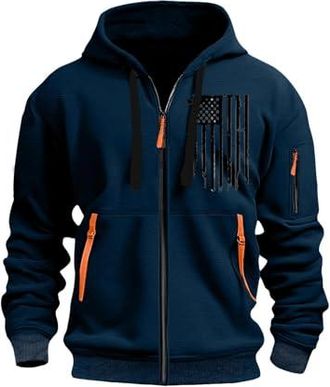 Generic Sweat à capuche zippé pour homme Imprimé drapeau des États-Unis Vêtements pour homme Graphique Patriotique Combat Poche Bras Tendance Décontracté Athl