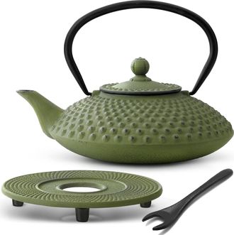 Bredemeijer Teekanne asiatisch Gusseisen Set 1.25 Liter - grüne Gusskanne mit Henkel & Edelstahl Tee-Filter Sieb-Einsatz für losen Tee & Untersetzer & Deckelheber