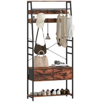 HOMCOM Meuble dentrée 6 en 1, portemanteau, vestiaire avec tringle à vêtements, étagère, 2 tiroirs en tissu et 10 crochets, style industriel, pour couloir, e