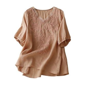 Generic Haut &agrave; manches courtes en coton pour femme, chemises en lin, hauts confortables &agrave; manches 3/4, tunique brod&eacute;e vintage, pull baggy d&eacute;t&eacute; en lin, couleur