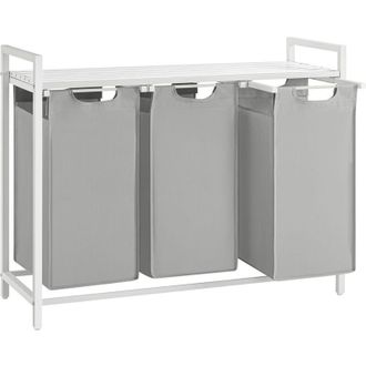 Vasagle Panier &agrave; Linge 3 Compartiments, Corbeille &agrave; Linge, avec &Eacute;tag&egrave;re, Cadre en M&eacute;tal, Sac Amovible en Tissu Oxford, 3 x 38 l, 92,5 x 33 x 72 cm, Gris