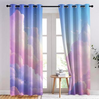 Generic Bedruckte Vorhänge Fantasie Wolken Muster Blickdicht Vorhang Rosa mit Ösen Gardinen Deko Ösenvorhang Dekoschal Dekogardinen für Schlafzimmer Wohnzimme