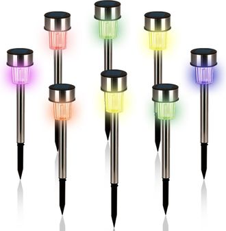Deuba MONZANA Solarlampe f&uuml;r Au&szlig;en 8er Set LED Wetterfest IP44 D&auml;mmerungssensor Erdspie&szlig; Farbwechsel Bunt Edelstahl Solar Garten Leuchte Balkon Deko