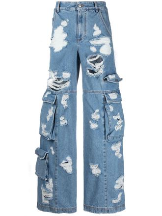 GCDS jean ample &agrave; effet us&eacute; - Bleu