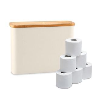 Relaxdays Toilettenpapier Aufbewahrung, 12 Rollen, HxBxT: 34,5 x 45 x 15 cm, Stoff, Bambus, Reserverollenhalter, beige