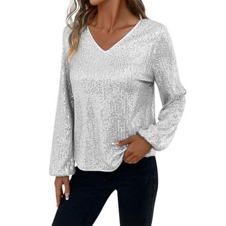 Generic Haut &agrave; paillettes pour femme - Tunique brillante &agrave; manches longues et col en V - T-shirt pour f&ecirc;te, bo&icirc;te de nuit - T-shirt ample d&eacute;contract&eacute; pour fem