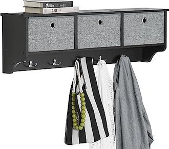 SoBuy Porte Manteau Mural avec 5 Crochets et 3 Paniers - Porte Manteau Mural Bois, Meuble Entr&eacute;e avec &Eacute;tag&egrave;re - Penderie Suspendue pour Chambre, Salon, Sall