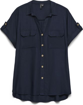 Vero Moda Damen Vmbumpy S/S Shirt WVN Ga Noos Kurzarmbluse, Navy Blazer, Small