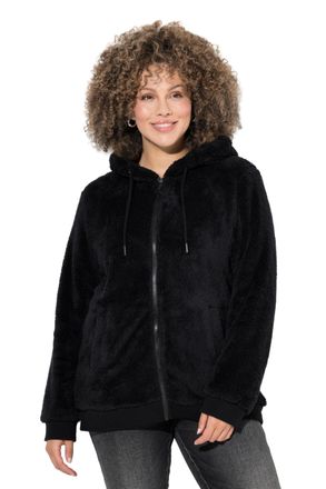 Ulla Popken Damen gro&szlig;e Gr&ouml;&szlig;en &Uuml;bergr&ouml;&szlig;en Plus Size Teddy-Jacke, Kapuze, Langarm, weicher Teddypl&uuml;sch schwarz 42+ 843930100-42+