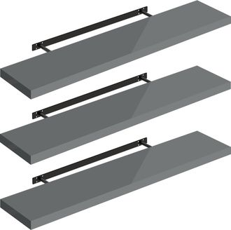 Woltu Wandregal Set von 3 Regalen Wandboard Freischwebend Schweberegal CD DVD Regal Bücherregal Holz Board 110x22,9x3,8cm Hochglänzend Grau RG9483gr-3