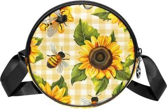 Generic Petit sac &agrave; bandouli&egrave;re rond pour femme, motif tournesol avec fermeture &eacute;clair, bretelles r&eacute;glables, style d&eacute;contract&eacute;, pour femmes et filles