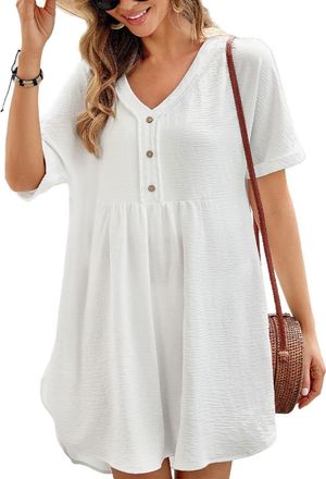 Bsubseach Frauen halbe &Auml;rmel Coverups f&uuml;r Badeanz&uuml;ge V Hals Schwimmen Cover Up Mini Kleid Wei&szlig; M