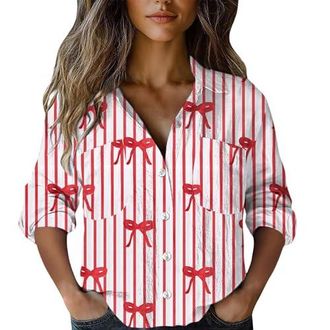 Generic Haut de Saint-Valentin pour femme avec col en V boutonn&eacute; &agrave; manches 3/4 - T-shirt tendance avec motif coeur damour - Tunique d&eacute;t&eacute; - Chemisier d&eacute;contrac