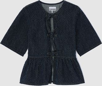Ganni Blouse Tweed Denim Peplum Rinse