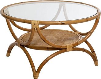 PEGANE Table basse avec rangements en rotin et verre tremp&eacute; - Diam&egrave;tre 90 x Hauteur 51 cm