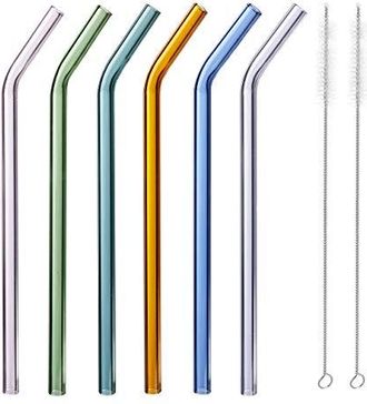 Relaxdays Strohhalme Glas, 6 St&uuml;ck, gebogen, wiederverwendbare Trinkhalme, 23 cm, mit B&uuml;rste, nachhaltig, &Oslash; 10 mm, bunt