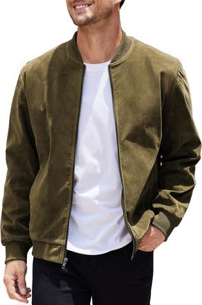 Coofandy Herren Casual Varsity Jacke Vintage Leichte Wildleder Bomberjacken, Grün (Army Green), XL