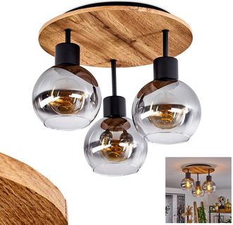 HOFSTEIN Deckenleuchte Vouhet, Deckenlampe aus Metall/MDF/Glas in Schwarz/Holzoptik/Rauchfarben, 3-flammig, E27-Fassung, Moderne Leuchte, ohne Leuchtmittel
