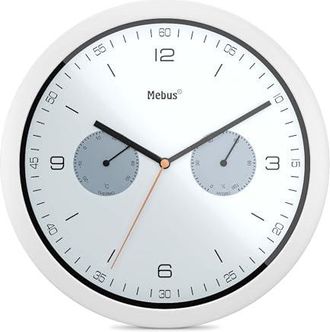 Mebus Quarz-Wanduhr mit Thermometer und Hygrometer / Kunststoff / Rund / Modell: 16101 / Farbe: Wei&szlig;, 26 cm Durchmesser